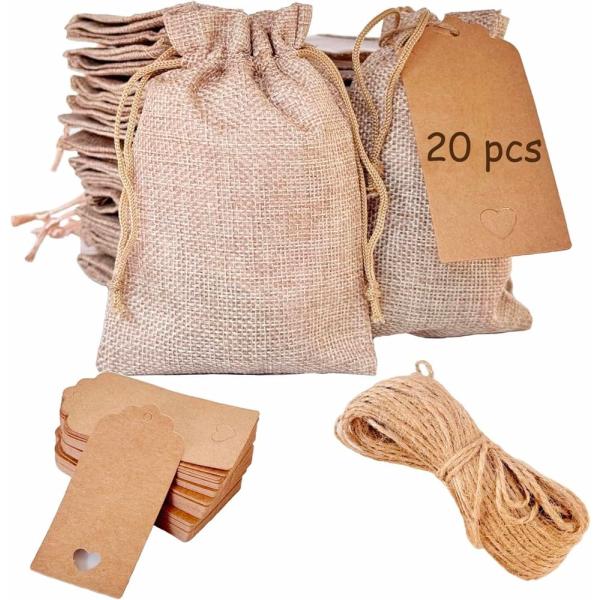 ・【WHAT YOU GET】- 20 pcs burlap gift bags and 20 pcs kraft paper labels with string, made of burlap material, lightweight...