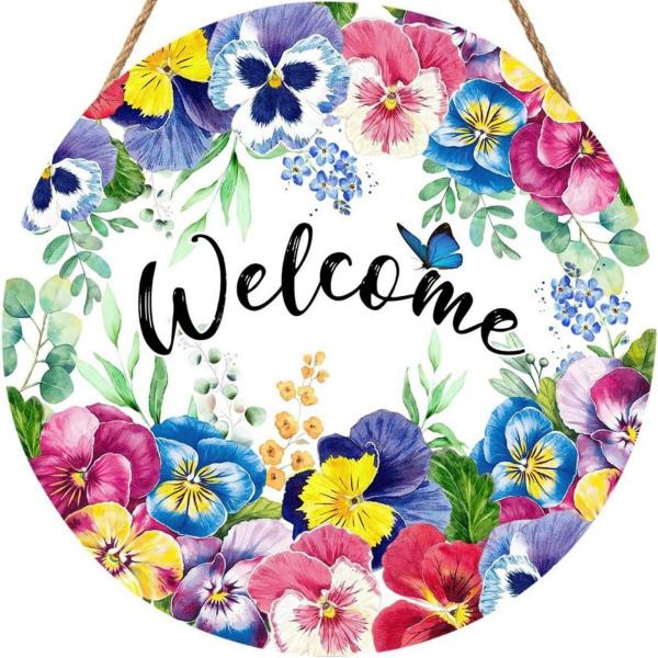 ・Spring Summer Flower Welcome Door Sign Tulip Wooden Hanging Sign, Hello Spring Floral Butterfly Door Hanger Sign for Sp...