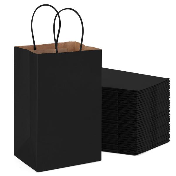 ブラックのクラフト紙製プレゼント袋1000枚セット。サイズ約13×9.5×20cm（5.25×3.75×8インチ）。100gクラフト紙（厚0.15mm）使用で耐荷重約1.8kg。補強底部と接着ハンドルで破れにくい丈夫な作り。100%リサイク...