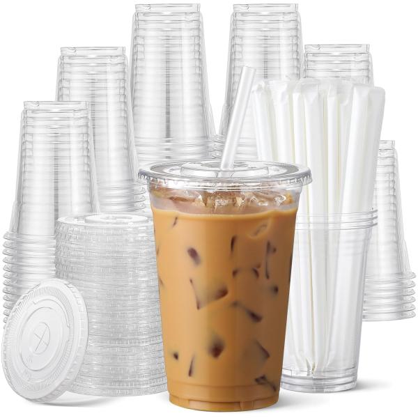 ・プレミアム＆安全な素材:厚手でBPAフリーのプラスチック製で、耐久性があり、無臭で、クリスタルクリアなので、飲み物は見た目も良く、安全です。・完全バリューパック:カップ100個、蓋100本、ストロー100本。 積み重ね可能で省スペース。ご...
