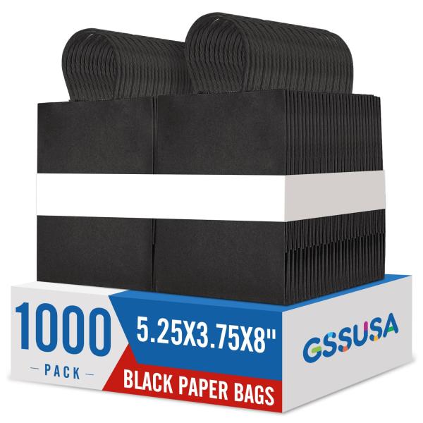 ブラックのクラフト紙製プレゼント袋1000枚セット。サイズ約13×9.5×20cm（5.25×3.75×8インチ）。厚さ0.15mm、耐荷重約1.8kg。補強底部で自立しやすく丈夫な設計。プレミアムリサイクルクラフト紙使用で堆肥化可能。大量...