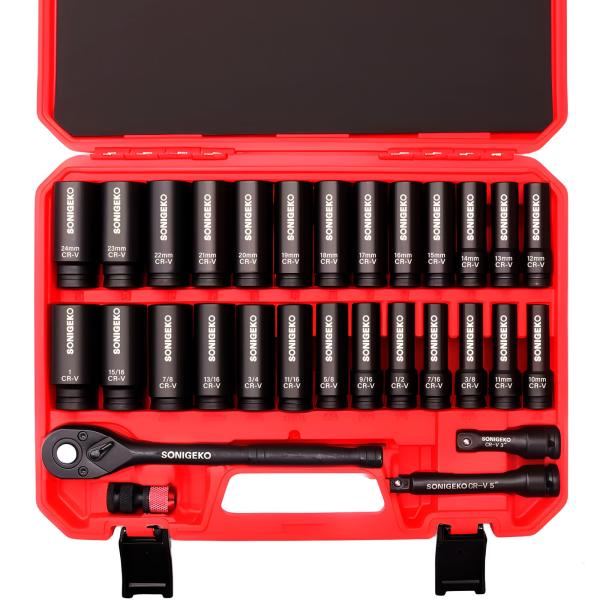 SONIGEKO製差込角1/2インチ インパクトソケット30本組。ディープタイプのSAEインチ・ミリ兼用で、ラチェットレンチ・エクステンションバー（3インチ・5インチ）・ビットアダプター付属の充実セット。CrV鋼の鍛造・熱処理品で高硬度かつ...