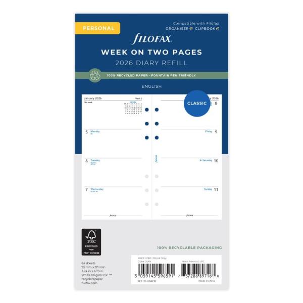 ・FEATURES | Filofax Week-to-View (WTV), Week on two pages, January to December, 2026. Unruled, white paper. Weekly calen...