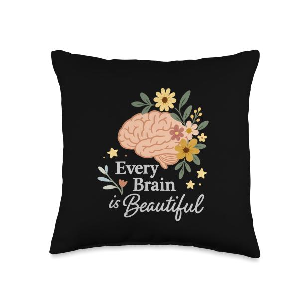 ・Neurodiversity Awareness design. This elegant design features flowers, brain and the quote "Every Brain is Beautiful," ...