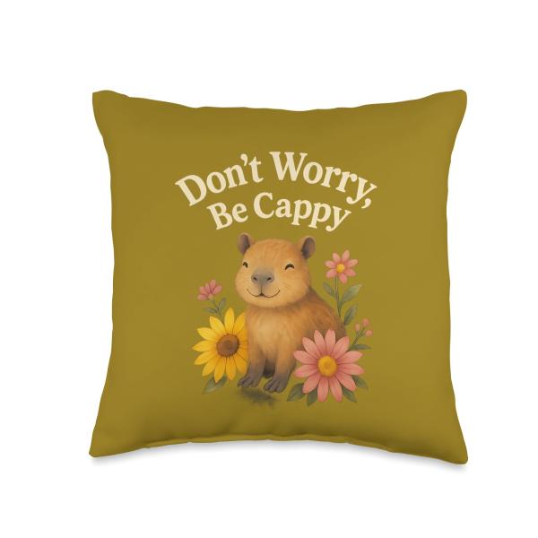 ・Beautiful cute funny Watercolor style illustration of a happy baby capybara surrounded by bright pink and yellow sunflo...