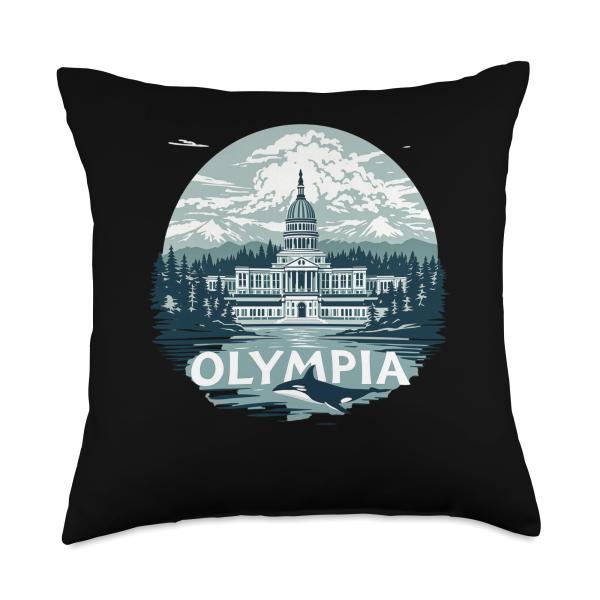 ・The detailed illustration highlights the beauty of Olympia's state capitol, set against serene mountain ranges and tran...