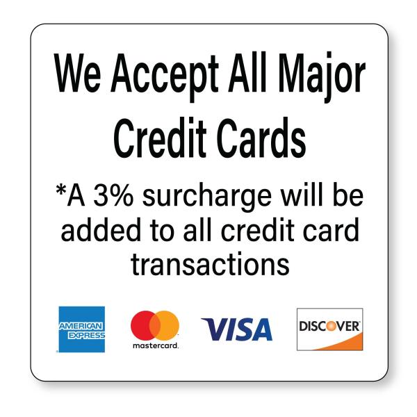 ・PAYMENT OPTIONS: Stickers state Accepts all major credit cards including American Express, Mastercard, Visa, and Discov...