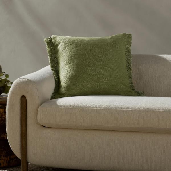・Green Fringed Throw Pillow: The Jett throw pillow from Magnolia Home by Joanna Gaines x Loloi has a soft, solid green d...