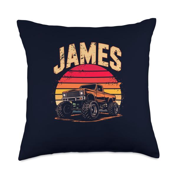 ・Monster Truck James personalized retro for men and boys who love big trucks, offroading, mudding, monster truck rallies...