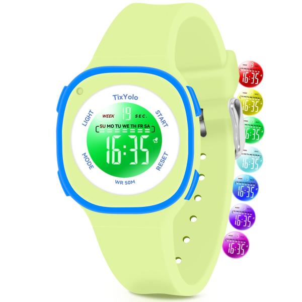 ・7-Color Cool Night Light Watch,Cool square appearance design,large numbers: Kids choose vibrant backlight colors to rea...