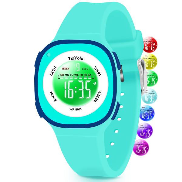・7-Color Cool Night Light Watch,Cool square appearance design,large numbers: Kids choose vibrant backlight colors to rea...