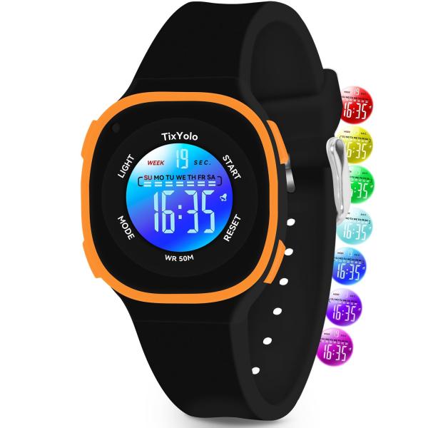 ・7-Color Cool Night Light Watch,Cool square appearance design,large numbers: Kids choose vibrant backlight colors to rea...