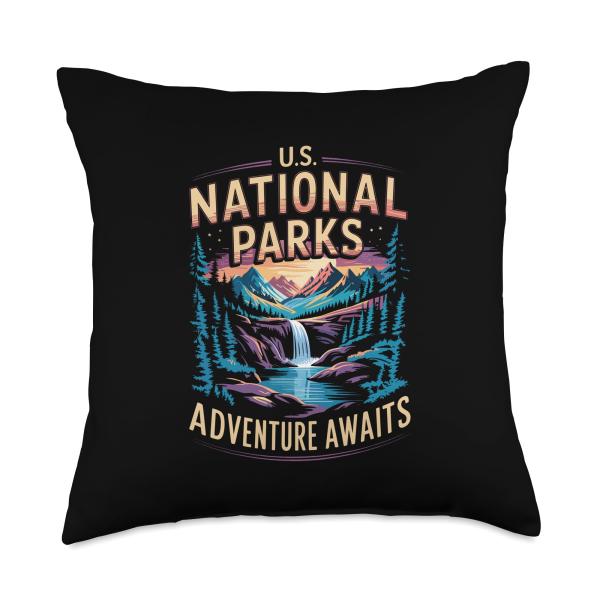 ・Detailed map design of the USA highlighting national parks in each state. Features "Adventure Awaits" with a travel and...