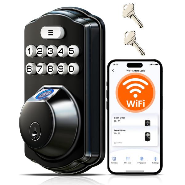 ・6-in-1 Keyless Entry: Unlock via the app, fingerprint (stores 20), unlimited one-time codes, 100 custom PINs, 2 physica...