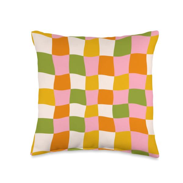 ・Fun grid design with a wavy checkerboard look in bold pink, orange, green, and yellow - ideal for fans of 70s, indie, o...