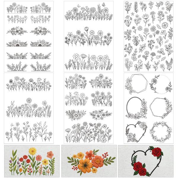 ・Wildflower Embroidery Patterns: Includes 6 sheets of embroidery stabilizers featuring heart, circle, and hexagon-shaped...
