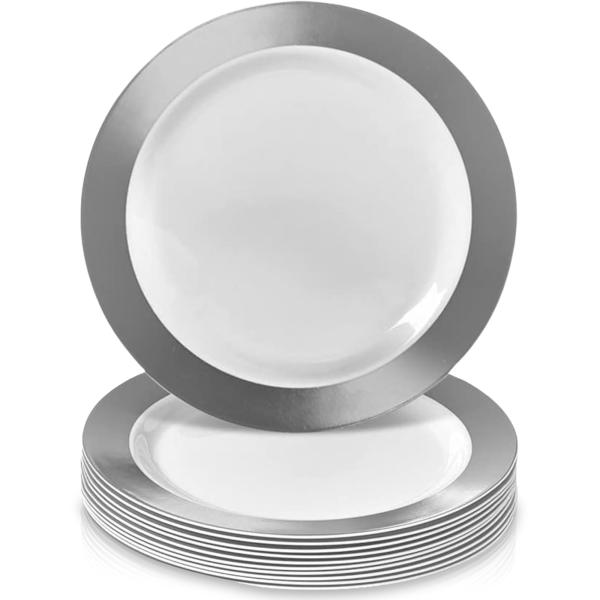 ・ELEGANT DESIGN: These 7.5" round dessert plates feature a classic white base with a sleek silver rim, adding a touch of...