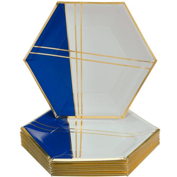 ・ELEGANT DESIGN: These dinner plates feature a chic blue hexagon design, adding a trendy, modern touch to your event dec...