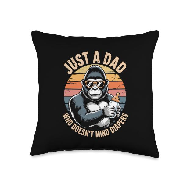 ・This design features a humorous gorilla holding a baby bottle with the text Just A Dad Who Doesn't Mind Diapers, making...