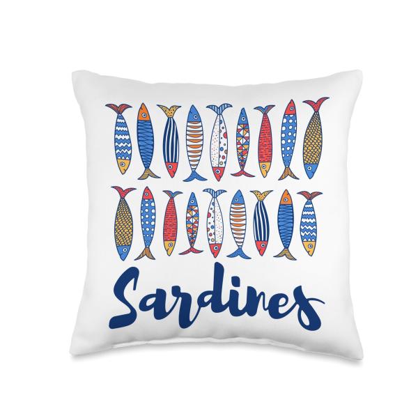 ・This whimsical design features two neat rows of stylized sardines, each with a unique and colorful pattern in bold reds...