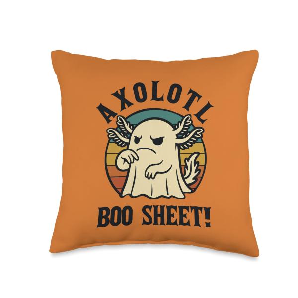 ・A wicked one-liner: a lone axolotl ghost draped in a cheeky "Boo Sheet" brings kawaii-vintage charm and playful wordpla...