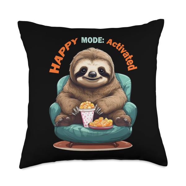 ・Adorable Happy Sloth Design - Features a cute cartoon sloth lounging on a lounge chair with snacks in a colorful, fun d...