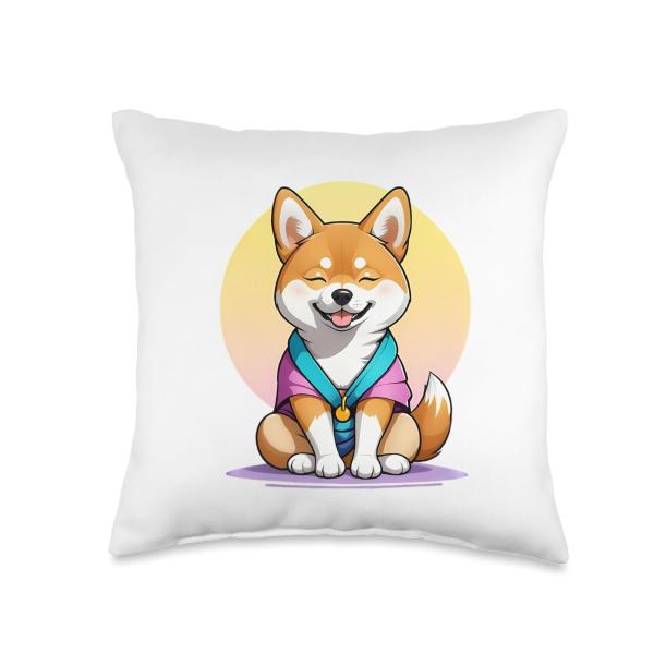 ・Funny cartoon-style Shiba Inu dog in meditation pose, sitting calmly with a peaceful, smiling expression - perfect for ...