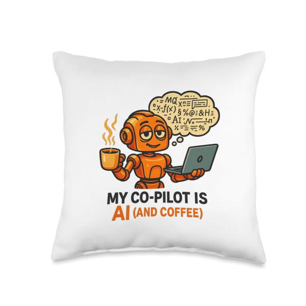 ・Bold, fun graphic of a quirky robot holding coffee and laptop, spotlighting the humor and energy of AI-powered business...
