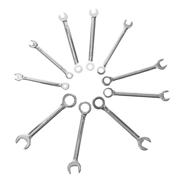 メトリックミニスパナ10本組（KALLORY製）。スチール製・軽量コンパクトで携帯・壁掛け収納が容易。家具組み立て・小型機器・電子部品・自動車整備の狭所作業に活躍します。