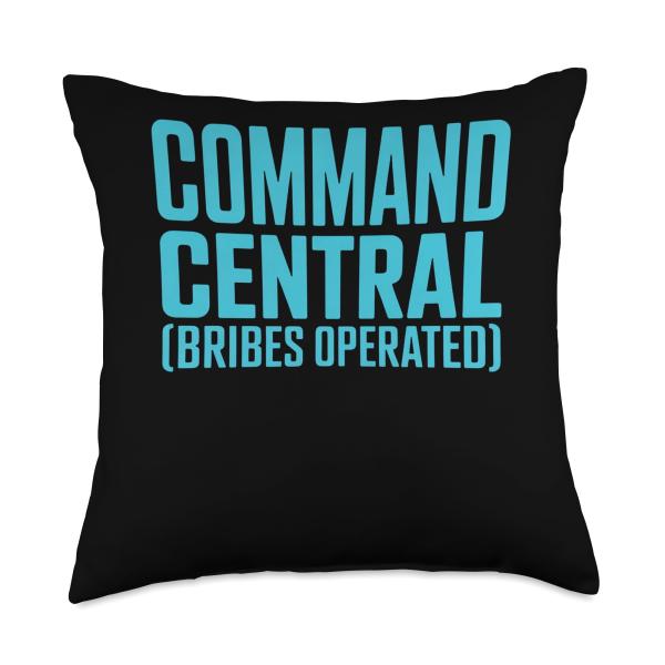 ・Perfect for those who enjoy sarcastic commentary on politics and everyday life. Text: 'COMMAND CENTRAL (BRIBES OPERATED...