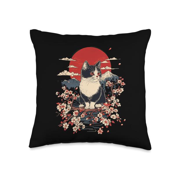 ・An Illustration of a japanese samurai cat in Front a cherry blossom tree and a Japan Mountain as well as the sun.・a nic...