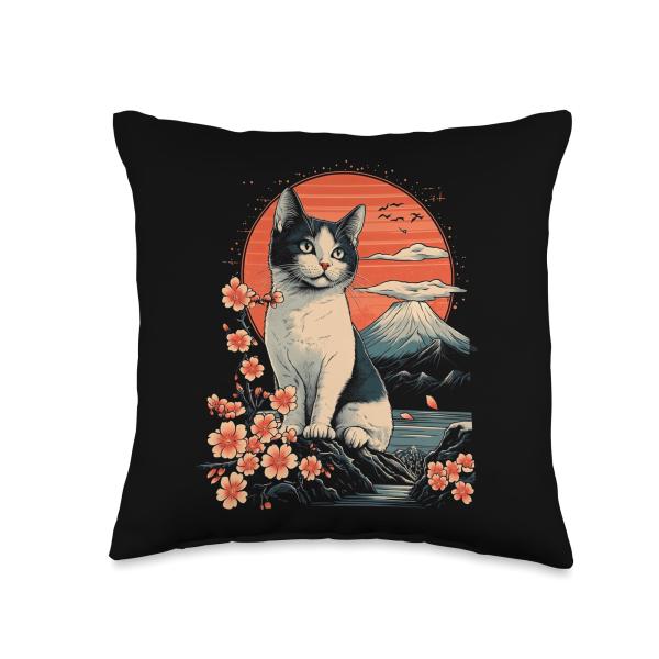 ・An Illustration of a japanese samurai cat in Front a cherry blossom tree and a Japan Mountain as well as the sun.・a nic...