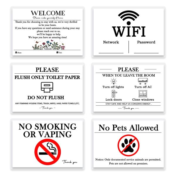 ・6 MUST-HAVE RENTAL SIGNS: Welcome note (WiFi password slot) + 5 rule cards: Do Not Flush, Lights Off, No Pets, No Smoki...