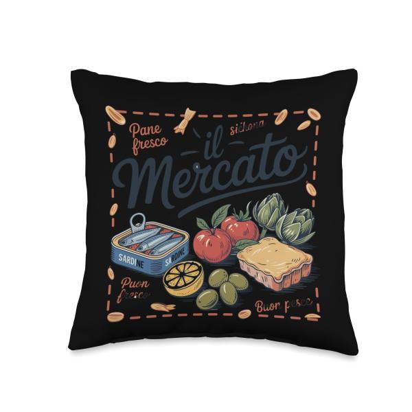 ・This design features a charming illustration of an Italian market scene with fresh bread, sardines, tomatoes, artichoke...