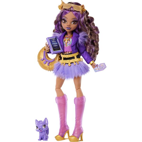 ・Clawdeen Wolfの人形の潜伏は、新鮮でファッショナブルなファーワードです。 ペットのオオカミの三日月と7つのアクセサリーで、モンスターハイでの楽しい一日を過ごしましょう。・この狼男は、モトジャケットとフェイクファーのスカート、ニ...