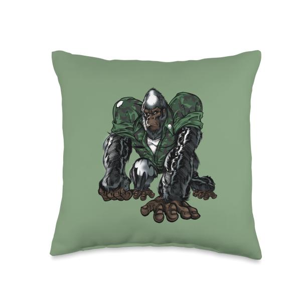 ・Beautiful silverback gorilla artwork crouching in intense alpha pose, wearing camo army design with skull patches. Awes...