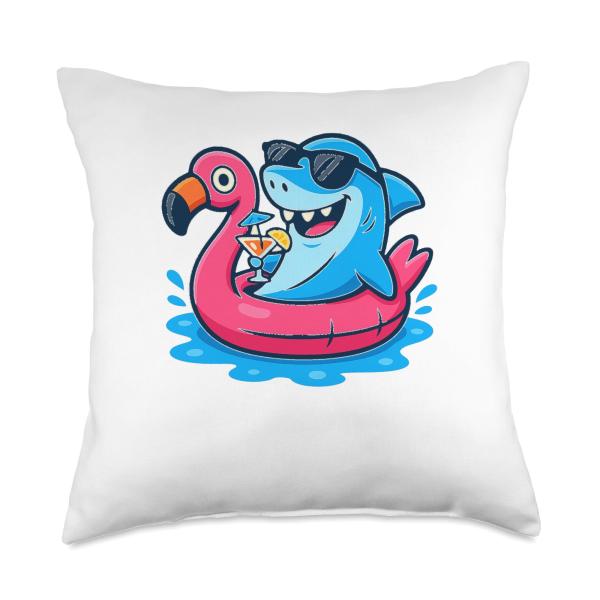・Adorable cartoon shark relaxing on a bright pink flamingo float with playful water splashes. Perfect for fans of cute a...