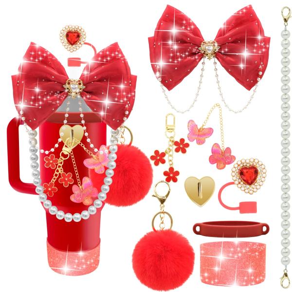 ・【Bling Up Red Stanley Cups Accessories Set】These red bling glitter stanley cup accessories set is very girly and cute, ...