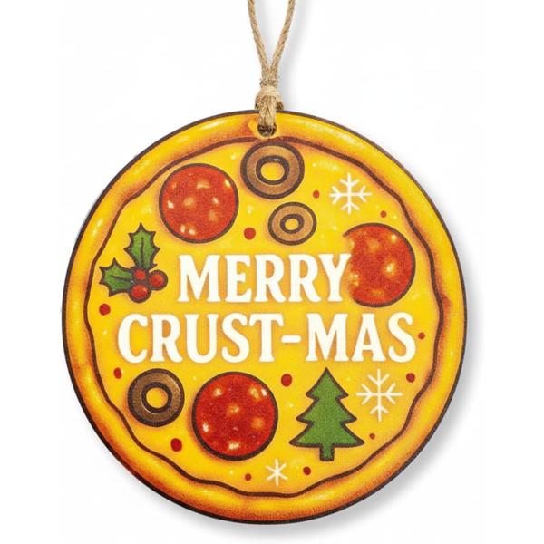 ・? Funny Pizza Christmas Ornament with "Merry Crust-Mas" Design This 4-inch wooden ornament brings a slice of humor to y...