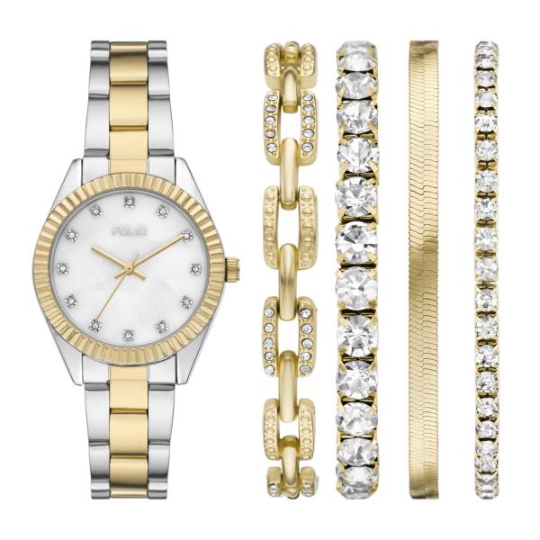 ・The two-tone stainless steel bracelet complements the white mother-of-pearl dial, set in a round case for a clean and s...