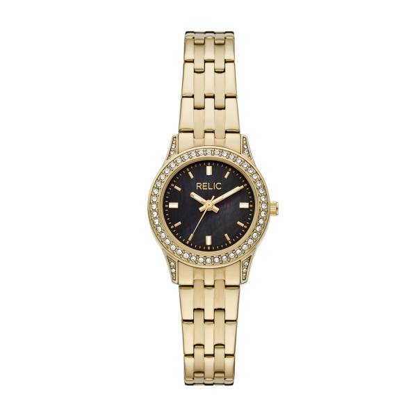 ・A gold-tone bracelet and case pair seamlessly with a Black mother of pearl dial, creating a sophisticated design accent...