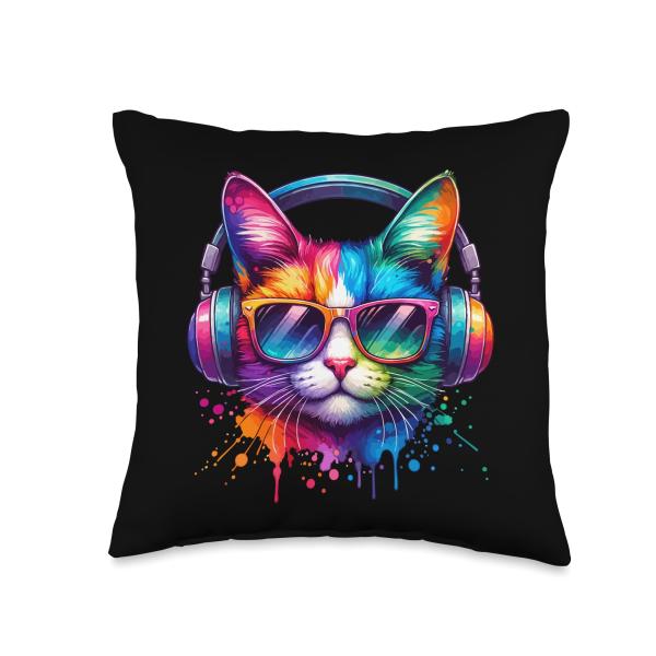 ・Awesome and fun cat wearing headphones and sunglasses. Colorful feline listening to music in dripping paint splash styl...
