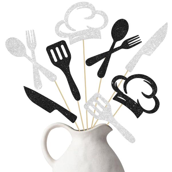 ・COMPLETE SET: 15 decorative chef-themed centerpiece sticks featuring 8 unique kitchen designs including spatulas, utens...