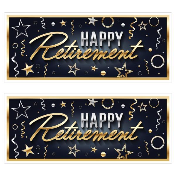 ・大きな2パックバナー:退職パーティーでの視覚的インパクトを最大化するために、高さ30インチ x 幅6フィートの特大バナーが2枚含まれています。・エレガントなメタリックデザイン:スタイリッシュな黒の背景にゴールドの星、シルバーの渦巻き模様、...
