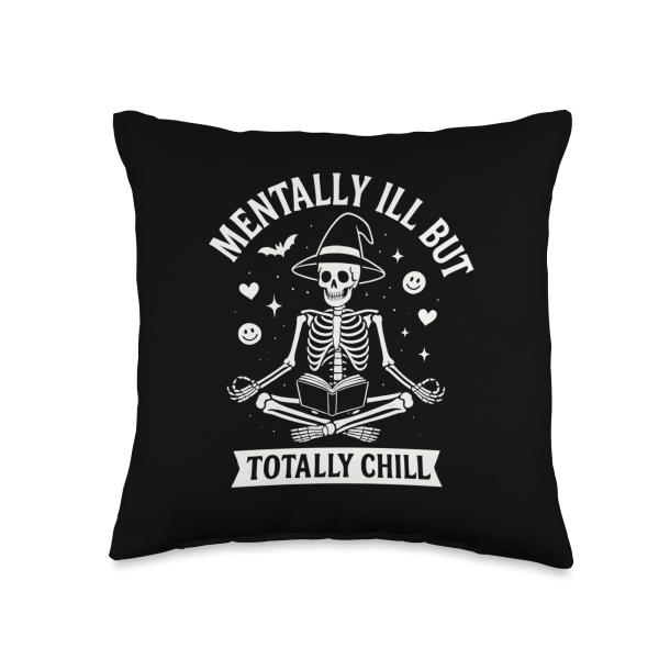 ・Funny goth skeleton doing yoga pose while reading a book, chillin' in a witch hat with stars, bats, and smileys around....