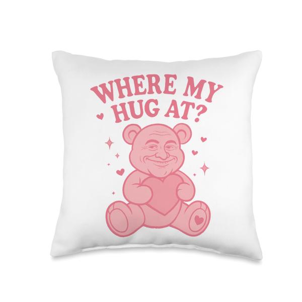 ・This funny and slightly cringe meme features a cute pink ted bears with a grown mans face asking Where My Hug At A hila...