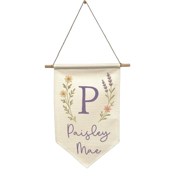 ・Custom Name Design - Features child's initial and full name in elegant purple script, surrounded by soft watercolor flo...