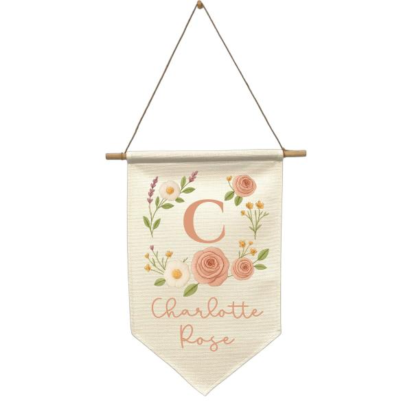 ・Custom Name Design - Features child's initial and full name in elegant purple script, surrounded by soft watercolor flo...