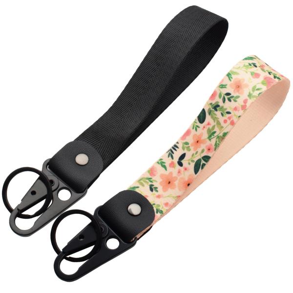 ・? 【2-Pack Versatile Design】： Includes 1 classic black and 1 Pink floral and green foliage stylish keychain wristlet lan...