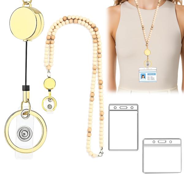・【Teacher Lanyard with Elegant Design】Crafted with natural wooden beads and a gold-tone retractable clip, this teacher l...
